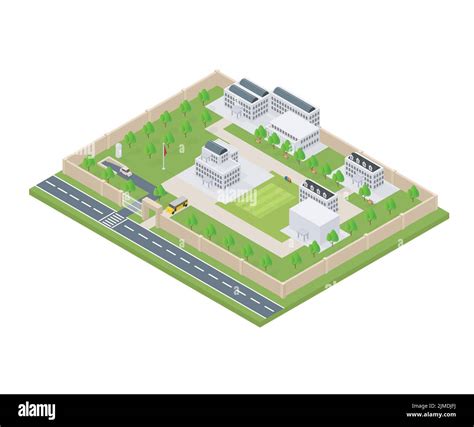 A Digital Pixelated Illustration Of A School Campus With A Soccer Field A Parking Lot And A