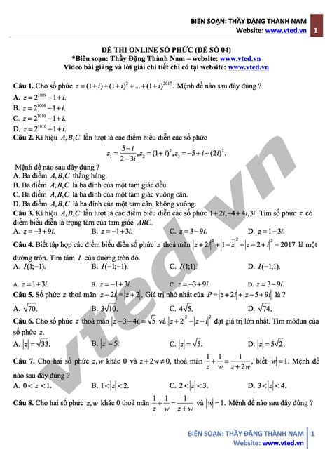 Tổng hợp câu hỏi số phức nâng cao Đề số trích từ Khoá tư duy giải toán trắc nghiệm Học