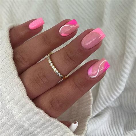 Kxamelie Hot Pink Square French Press On Nails Colorful Swirls French Tips 24 Pcs Reusable