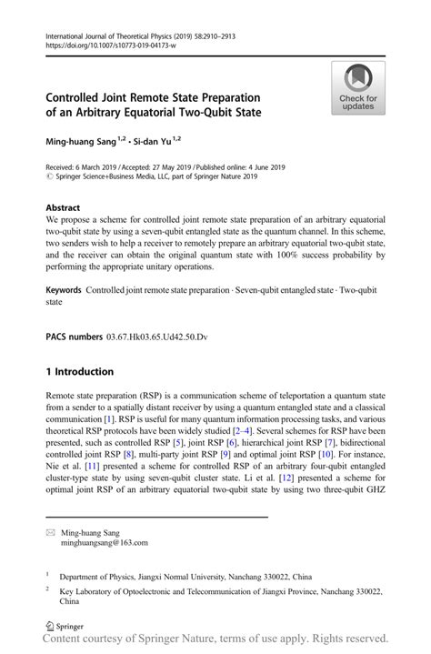 Controlled Joint Remote State Preparation Of An Arbitrary Equatorial Two Qubit State Request Pdf