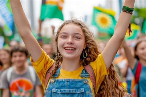 Premium Photo Young Enthusiastic Girl Smiling And Cheering At Outdoor