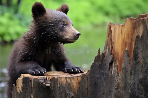 Bear Cub Looking Curiously At A Smoldering Tree Stump Stock Image Image Of Inquisitive Mammal