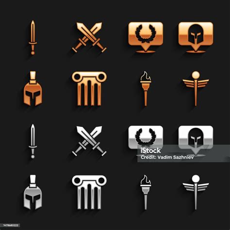고대 기둥 그리스 헬멧 카두세우스 뱀 의료 횃불 불꽃 월계관 중세 검 및 교차 중세 아이콘을 설정합니다 벡터 건강 진단에 대한