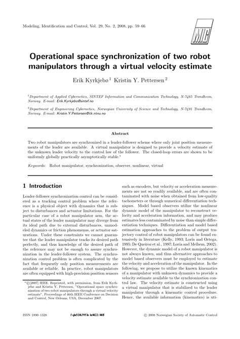 Pdf Operational Space Synchronization Of Two Robot Manipulators