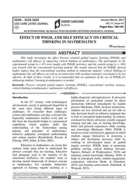 Pdf Effect Of Pogil And Self Efficacy On Critical Thinking In Mathematics
