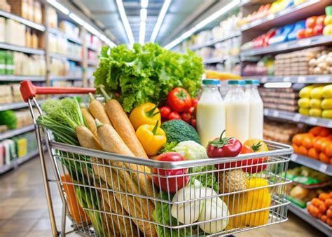 Closeup Of Shopping Cart Filled With Diverse Groceries Premium Ai