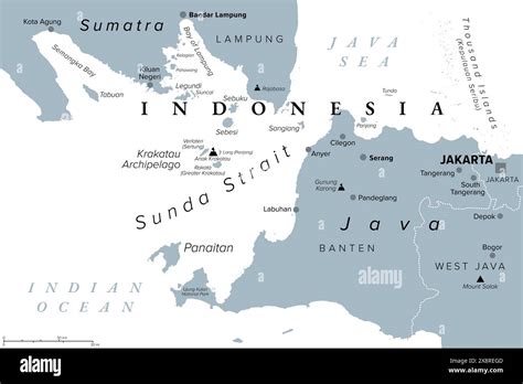 Sunda Strait Indonesia Gray Political Map Strait Between Indonesian Islands Java And Sumatra