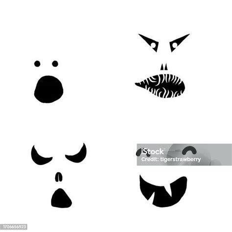 할로윈 괴물 캐릭터 실루엣 조각과 잘라낸 창조 할로윈은 감정 수집 모양 눈 코 입 치아 송곳니 감정 소름 끼치고 으스스한 얼굴에 직면합니다 벡터 가공의 인물에 대한 스톡