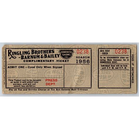 Ringling Bros Barnum And Bailey Circus 1956 Unused Comp Press Ticket