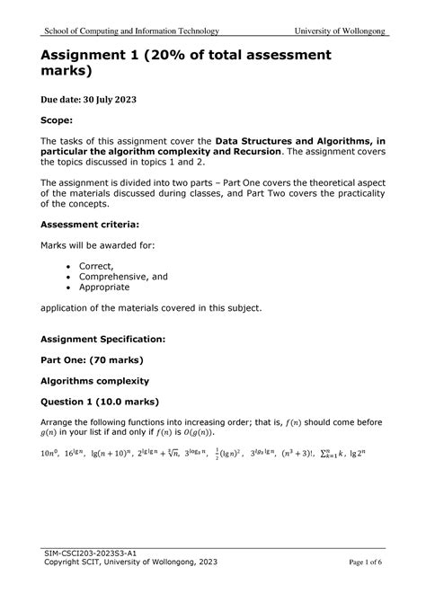 SIM A1 CSCI203 2023S3 V1 Specification CSCI203 UOW Studocu