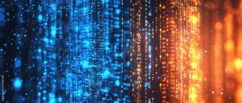 Abstract Digital Binary Code Matrix Background With Blue And Orange Glowing Data Streams Concept