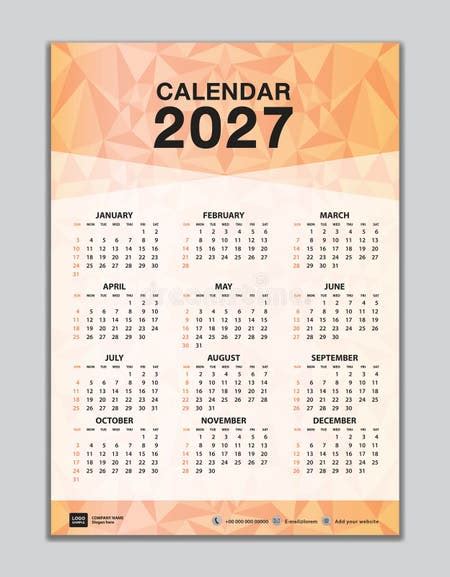 Wall Calendar 2027 Template On Orange Polygon Background Calendar 2027