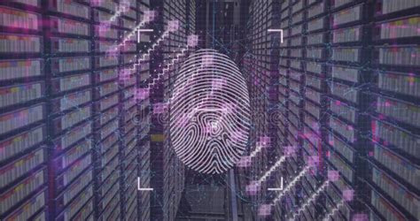 Image Of Dna Structure Spinning Over Biometric Fingerprint Scanner Against Computer Server Room