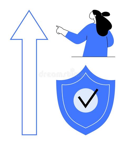 Female Character Pointing Upward Arrow With Shield And Checkmark Symbol