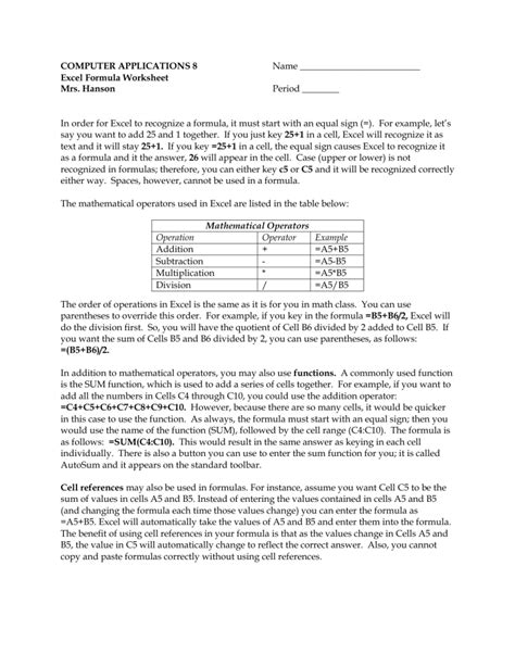 Excel Formula Worksheet