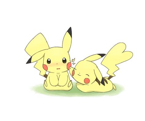 A Female Pikachu Poking A Male Pikachus Cheek Pokémon Pikachu Pikachu Raichu Female Pikachu