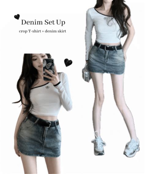 [s M L] 리브 나시끈 오프숄더 크롭 티셔츠 데님 미니 스커트 에이블리