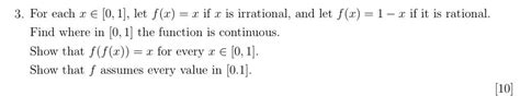 Solved 3 For Each X∈[0 1] Let F X X If X Is Irrational