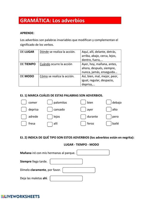 Ficha Interactiva De Los Adverbios Para Cuarto De Primaria Puedes Hacer Los Ejercicios Online O