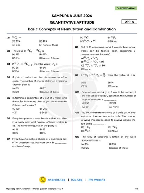 Basic Concepts Of Permutation And Combination Dpp 04 Quantitative Aptitude Pdf Linguistics