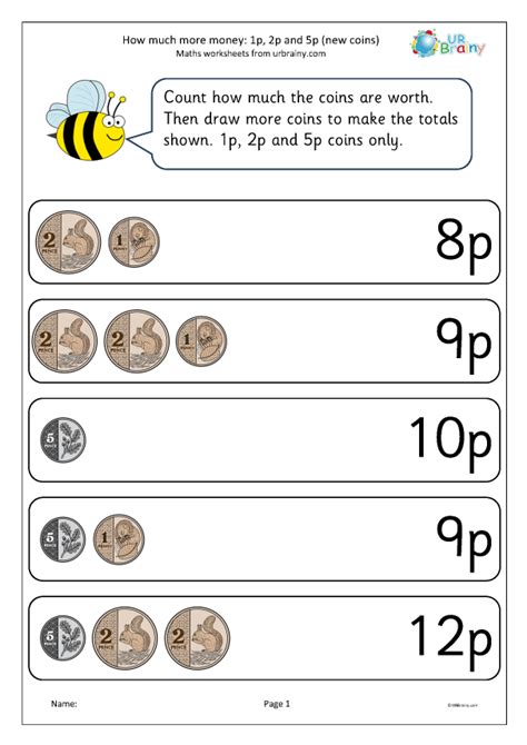 How Much More 1p 2p And 5p New Coins Money Maths Worksheets For Year 1 Age 5 6 By