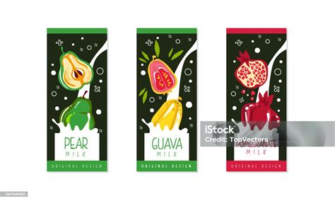 과일 우유 라벨 세트 배 구아바 석류 천연 유제품 배너 브랜딩 포장 템플릿 벡터 일러스트레이션 건강한 식생활에 대한 스톡 벡터 아트 및 기타 이미지 Istock