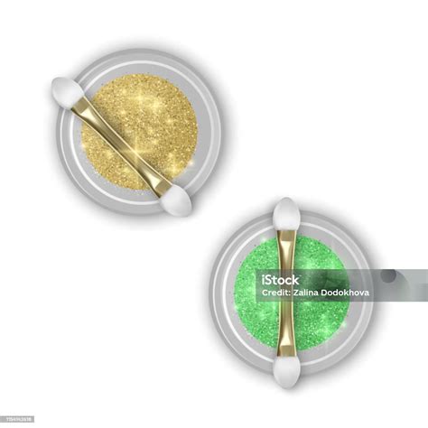 반짝이 항아리입니다 반짝 평면도와 현실적인 개체입니다 메이크업에 대 한 현실적인 브러시로 황금과 녹색 색상의 반짝이 항아리의 집합 결정체에 대한 스톡 벡터 아트 및 기타