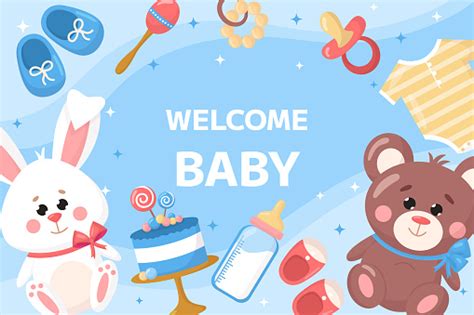 벡터 베이비 샤워 초대장 배경 템플릿 포스터입니다 만화 유치한 장난감 곰 토끼 어린이 부티 젖꼭지 파란색 배경에 병 정사각형 배경 전단지 행사 브로셔 베이비샤워에 대한 스톡