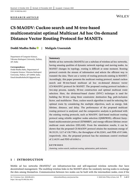 Cs‐maodv Cuckoo Search And M‐tree‐based Multiconstraint Optimal Multicast Ad Hoc On‐demand