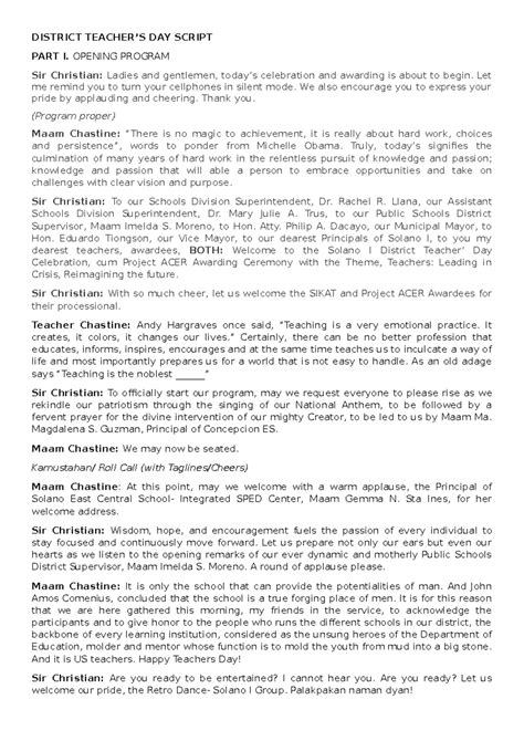 Teachers Day Script District Teachers Day Script Part I Opening Program Sir Christian