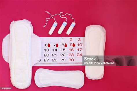 밝은 분홍색 배경에 여성 위생 및 관리를위한 보호 탐폰과 흰색 패드 면봉 생리 나방 주기의 일의 표시달력 0명에 대한 스톡 사진 및 기타 이미지 Istock