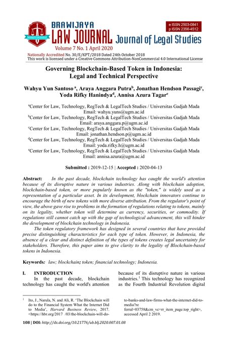 Pdf Governing Blockchain Based Token In Indonesia Legal And Technical Perspective