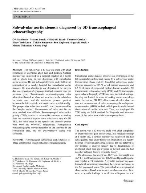 Pdf Subvalvular Aortic Stenosis Diagnosed By 3d Transesophageal