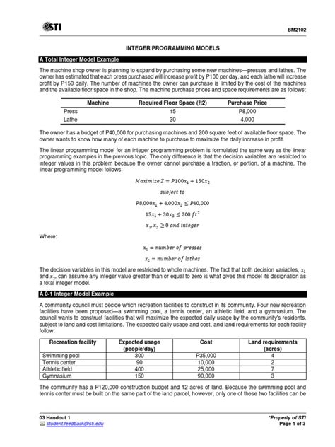 03 Handout 1 Pdf Linear Programming Profit Economics