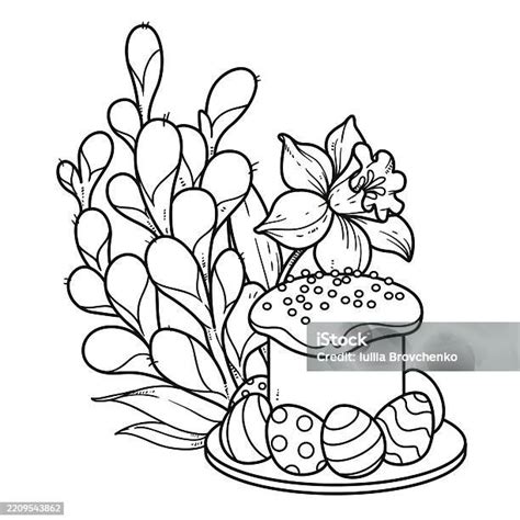 부활절 케이크와 달걀 장식 버드 나무 나뭇 가지는 흰색 배경에 고립 된 색칠 공부 페이지를 위해 윤곽이 잡혔습니다 0명에 대한 스톡 벡터 아트 및 기타 이미지 Istock