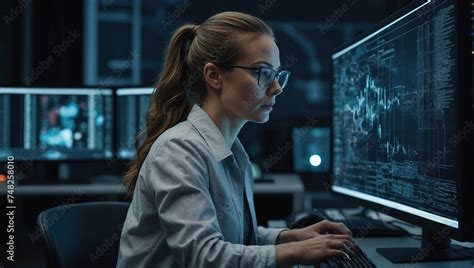 A Female Working On Computer Typing Lines Of Code That Appear On Big Screens Surrounding Him In