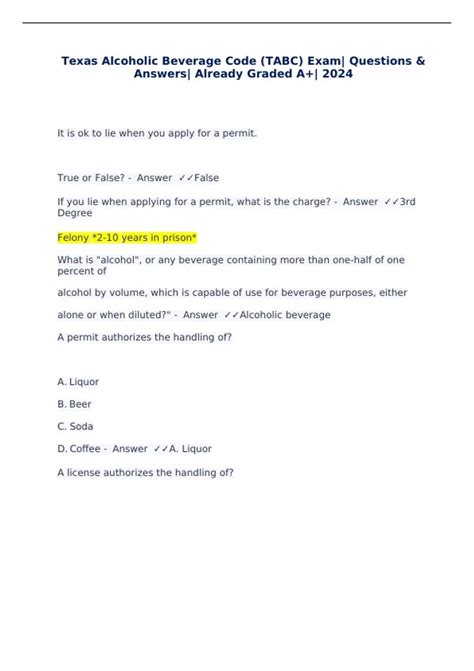 Texas Alcoholic Beverage Code Tabc Exam Questions And Answers Already Graded A 2024 Texas