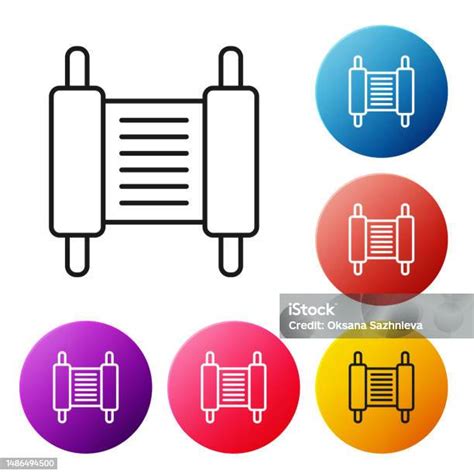 흰색 배경에 격리 된 검은 줄 Torah 스크롤 아이콘 확장 된 형태로 유대인 토라 다윗 기호의 별 오래된 양피지 두루마리 아이콘 을 다채로운 원 버튼을 설정합니다 벡터 0