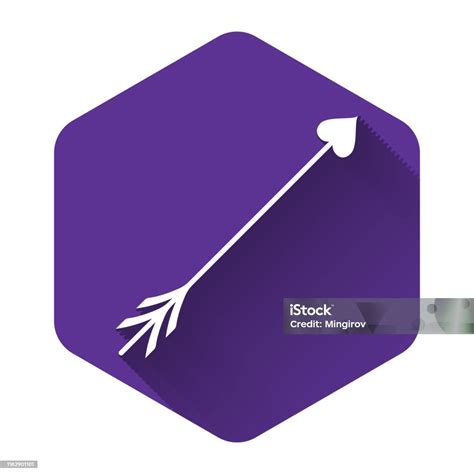 흰색 큐피드 화살표 심장 긴 그림자로 고립 된 발렌타인 데이 카드 아이콘 보라색 육각 버튼 벡터 일러스트레이션 2월에 대한 스톡 벡터 아트 및 기타 이미지 Istock