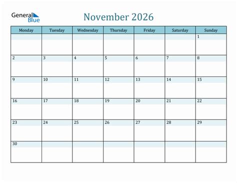 November 2026 Monthly Calendar Template Monday Start