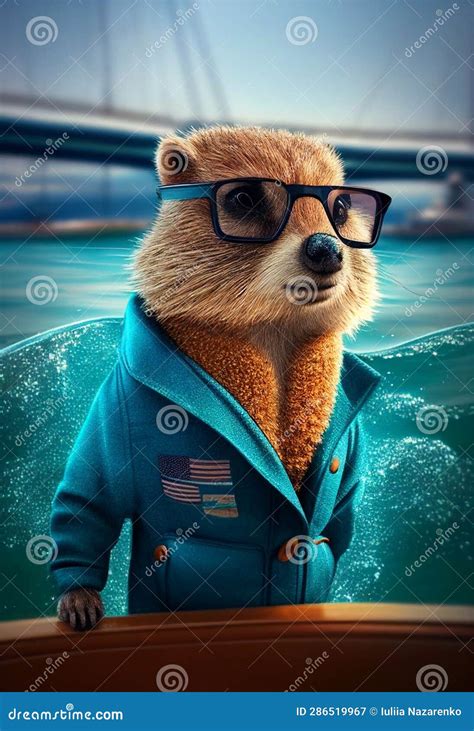Funny Gopher In A Jacket And Sunglasses Traveling On A Yacht Ai Generated Stock Illustration