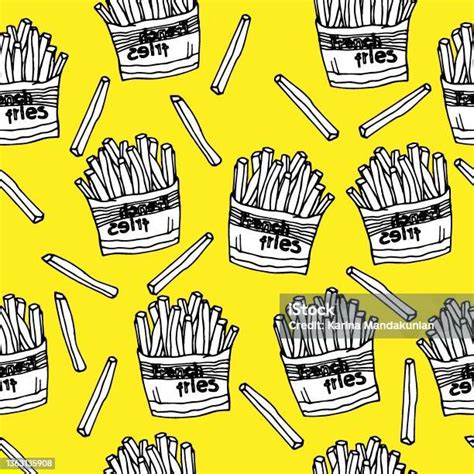 벡터 핸드 그린 햄버거와 스낵 개체 그려진 패스트 푸드 요소 길거리 음식 감자 튀김 튀긴 감자 패턴 음식 패턴 노란색 배경 감자 요리에 대한 스톡 벡터 아트 및 기타 이미지