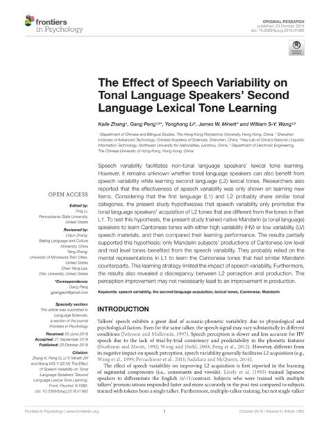 Pdf The Effect Of Speech Variability On Tonal Language Speakers Second Language Lexical Tone