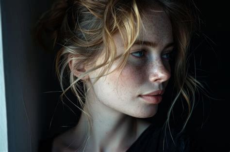 Freckled Young Woman With Messy Hair And Introspective Expression In Soft Natural Light