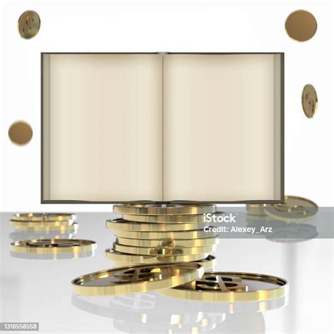 텍스트 또는 로고를 위한 공간이 있는 열린 책을 모형으로 한 동전위에 는 달러 기호가 있는 양식에 일치시키는 동전이 있습니다 3d 렌더링 3차원 형태에 대한 스톡 사진 및