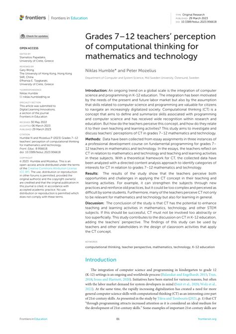 Pdf Grades 7 12 Teachers Perception Of Computational Thinking For Mathematics And Technology