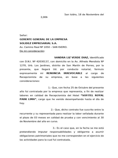 Carta Renuncia Irrevocable Pdf Hotel