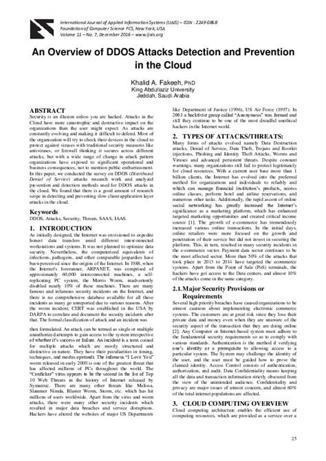 Pdf An Overview Of Ddos Attacks Detection And Prevention In The Cloud Khalid A Fakeeh