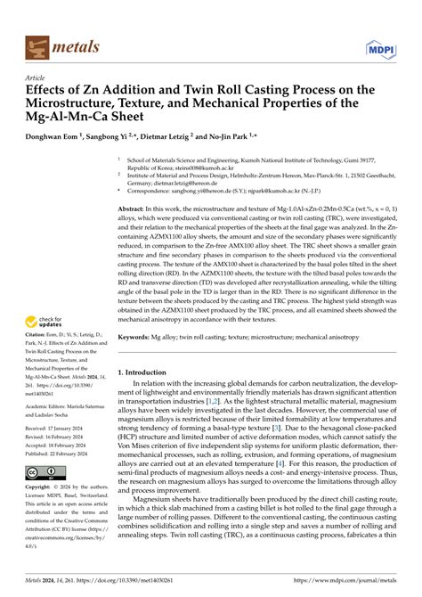Pdf Effects Of Zn Addition And Twin Roll Casting Process On The Microstructure Texture And