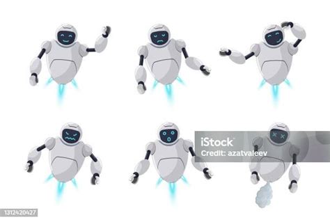 귀여운 친화적 인 로봇 캐릭터 다른 감정 세트 미래형 챗봇 마스코트 다양한 액티비티 포즈 온라인 봇 인사 미소 슬픈 악 놀라움 생각과 깨진 기술 만화 일러스트레이션 로봇에